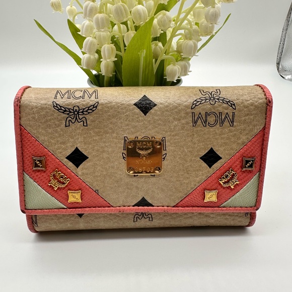 MCM | Bags | Mcm Tan And Pink Wallet With Signature Monogram | Poshmark